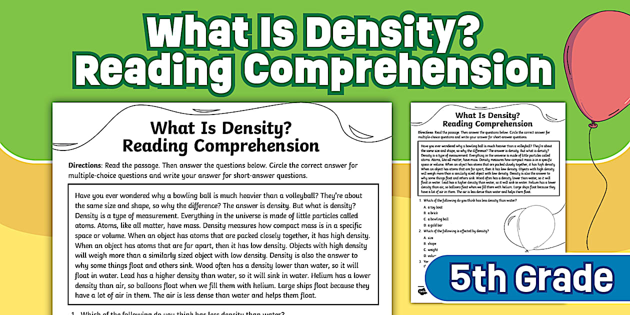 Fifth Grade What Is Density? Reading Passage Comprehension Worksheet