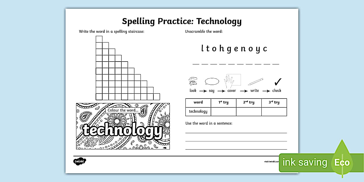 Technology Spelling Practice Worksheet (teacher made)