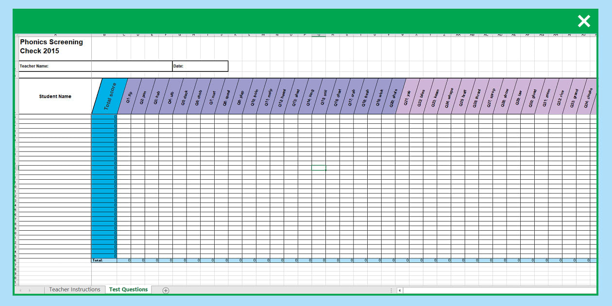 Analysis Grid for 2015 Phonics Screening Check Assessment Spreadsheet