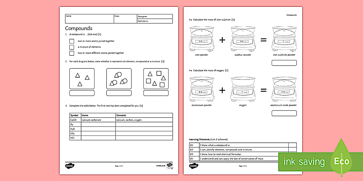 KS3 Compounds Homework Worksheet / Worksheet - Twinkl