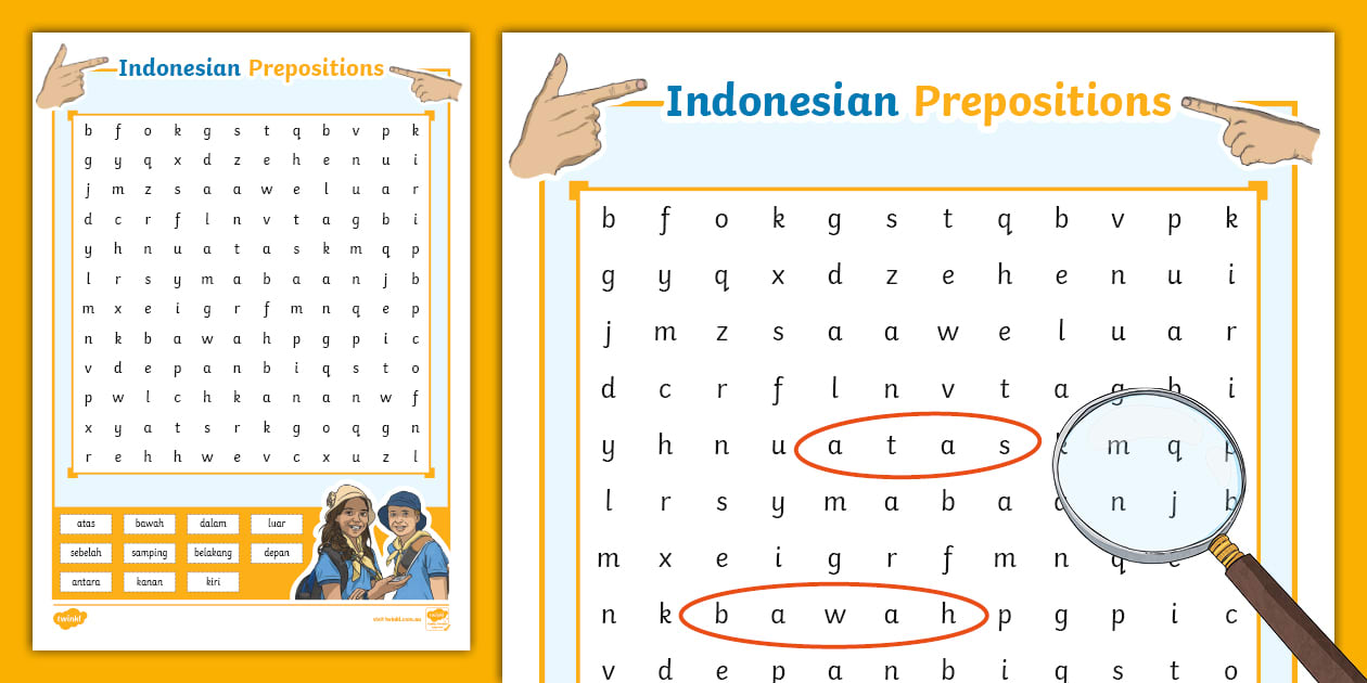 Prepositions Word Search - Indonesian (teacher made)