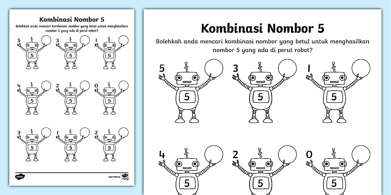 Matematik Tahun 1 - Kombinasi Nombor 5 Tema Robot - Twinkl