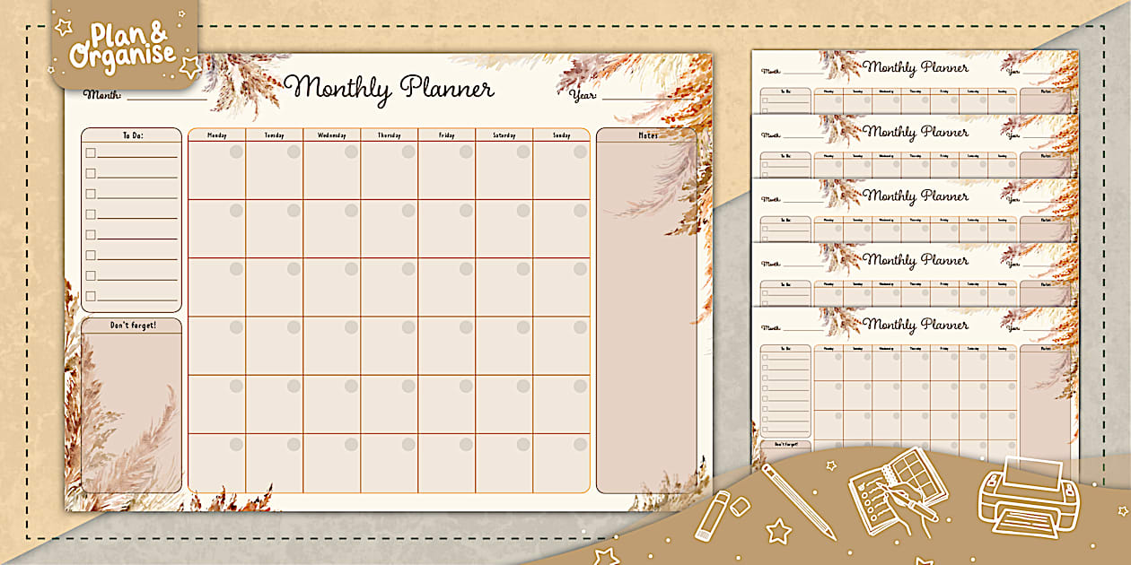 Boho Neutral Blank Monthly Planner Calendar Template