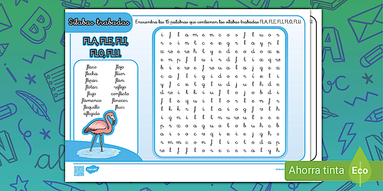 Sopa de letras: Sílabas trabadas FLA, FLE FLI, FLO, FLU