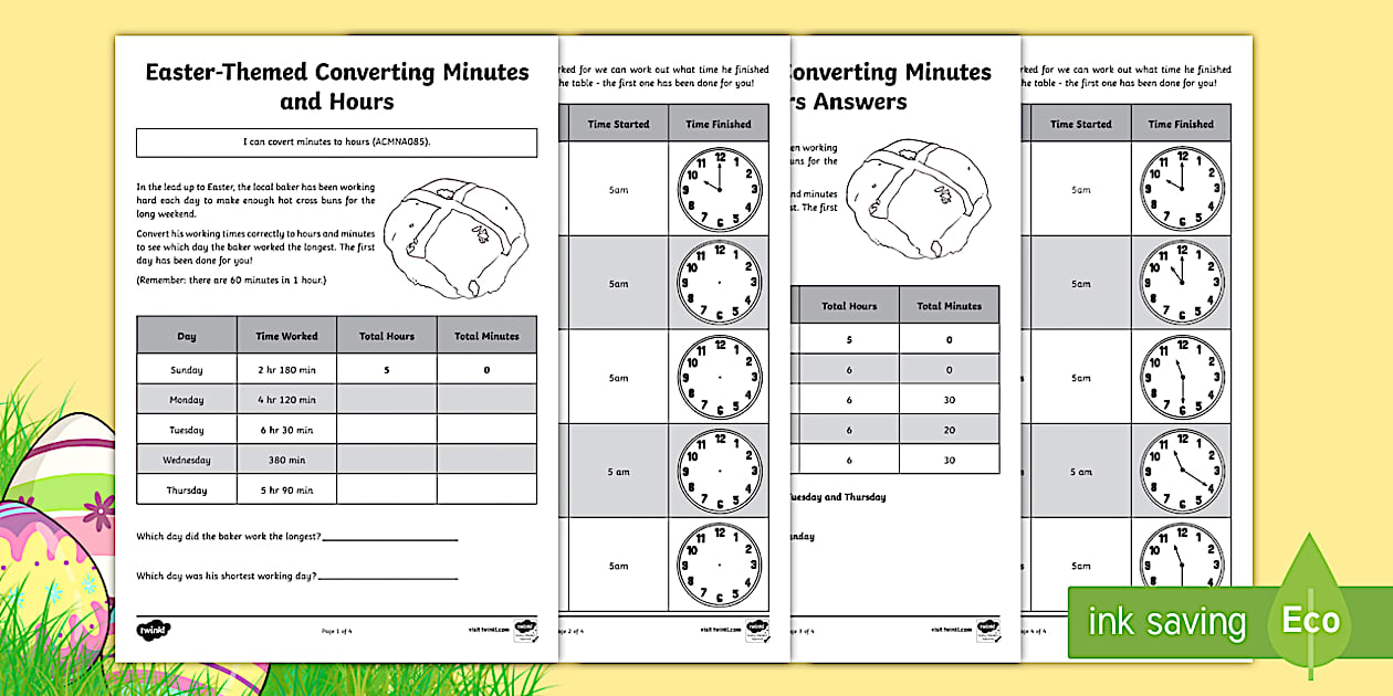Year 4 Easter-Themed Converting Minutes and Hours Worksheet / Worksheet