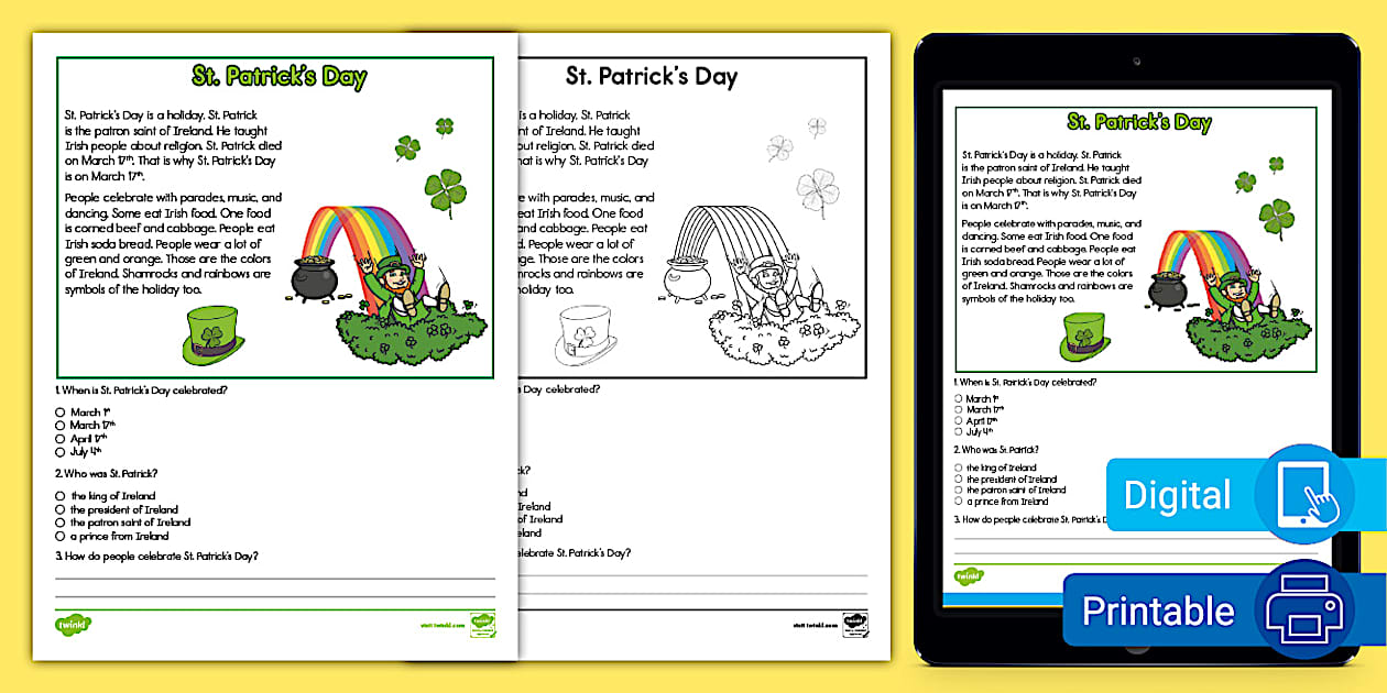 Saint Patrick's Day Reading Passage Worksheet | Twinkl USA