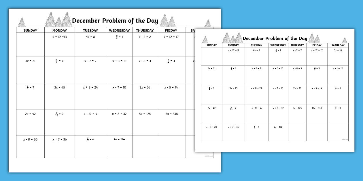 Sixth Grade 2025 Math Problem of the Day December Calendar