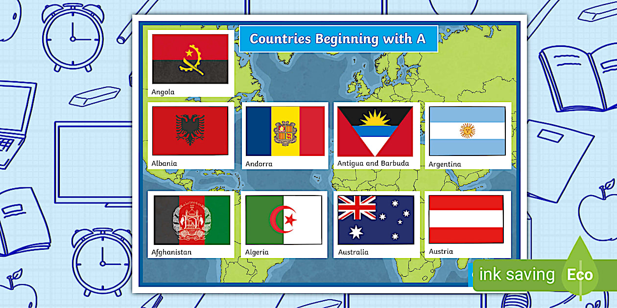 Countries Starting with 'A' Display Poster: Geography Classes
