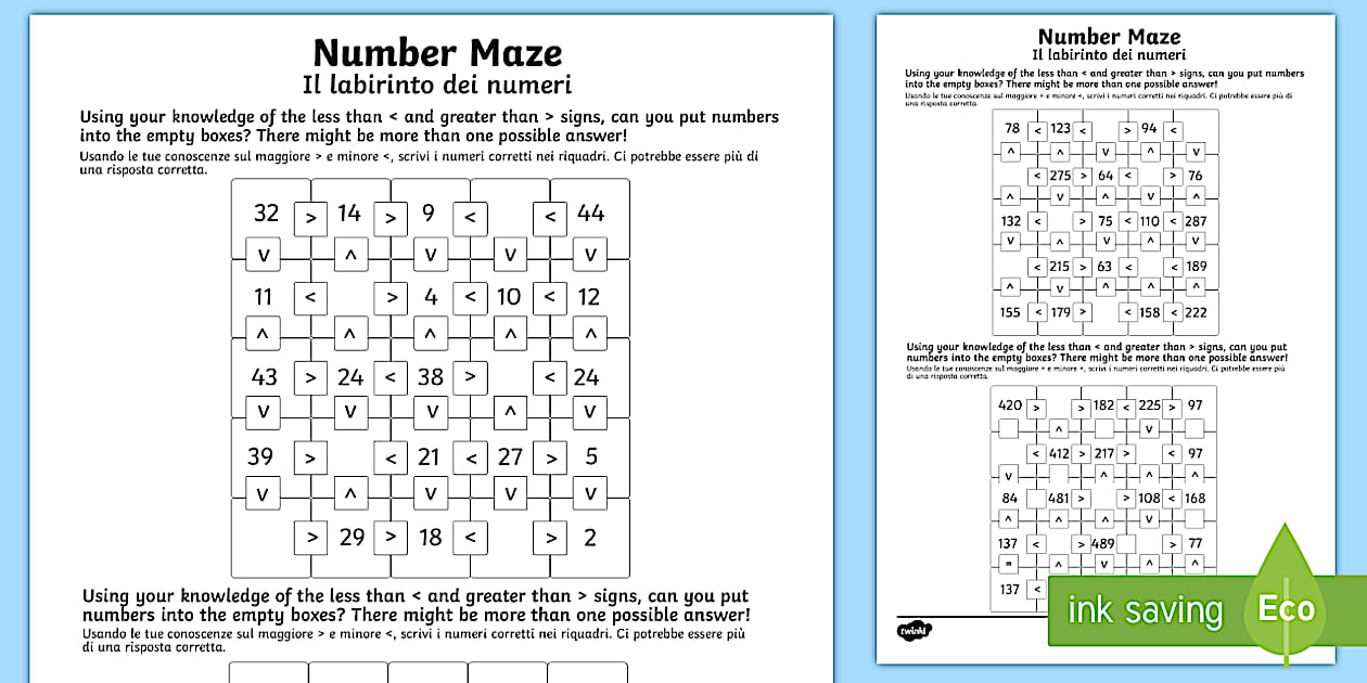 Place Value Number Maze Worksheet / Worksheet Pack English/Italian