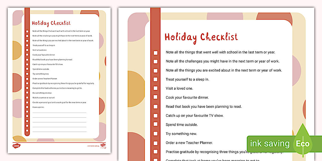 Staff Holiday Wellbeing Checklist - Twinkl