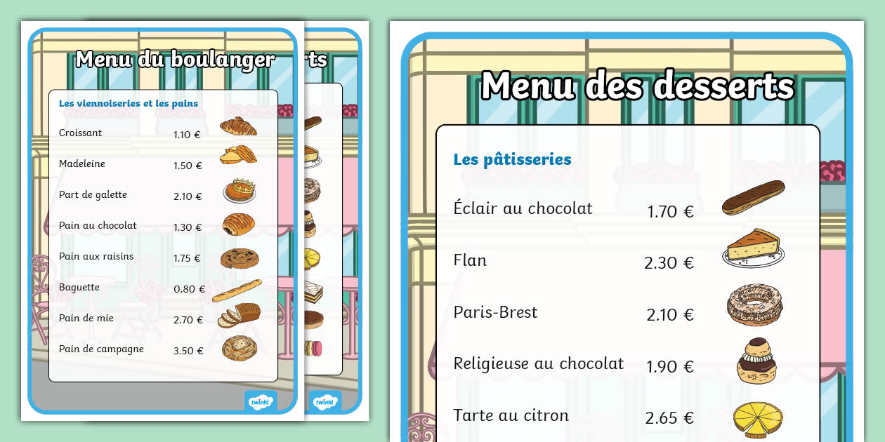 Affiches pour jeu de rôle : Le menu des desserts - Twinkl