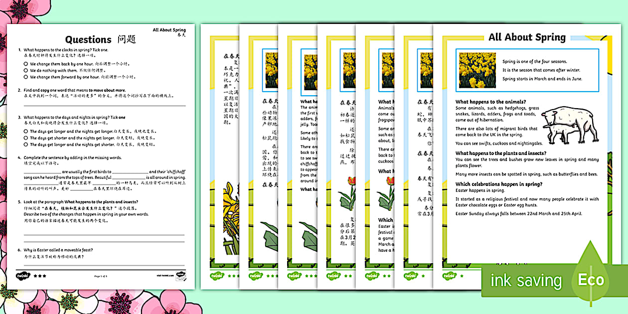 Spring Differentiated Reading Comprehension Activity - English/Mandarin