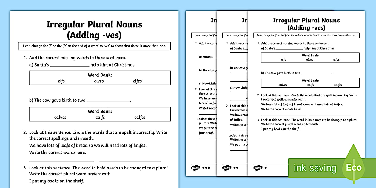 Higher Ability Irregular Plural Nouns (Adding -ves) Worksheet