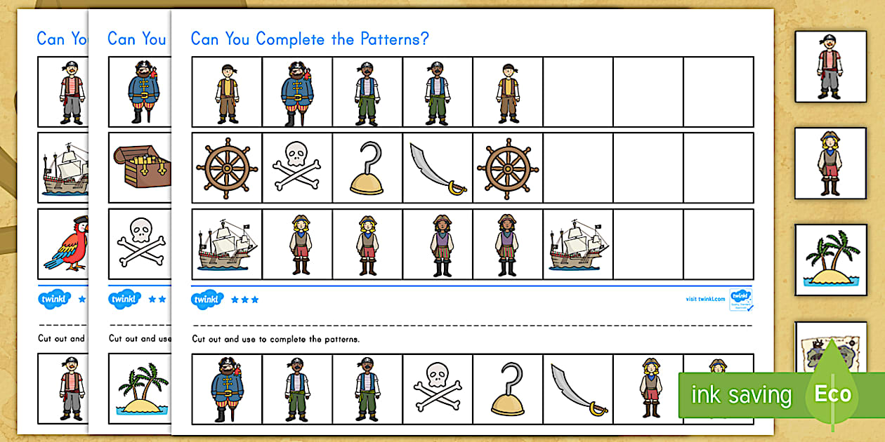 Pirates Complete the Pattern Worksheet - Twinkl