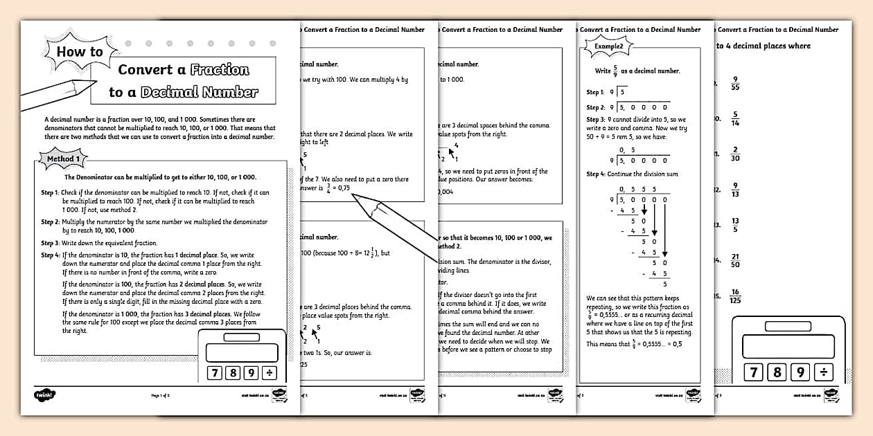 Convert Fraction to Decimal Notes and Activity Sheet