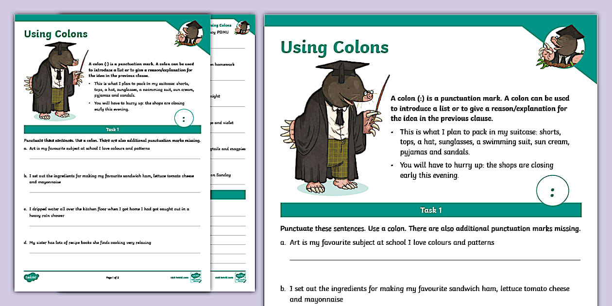 Using Colons Activity Sheets (teacher made) - Twinkl