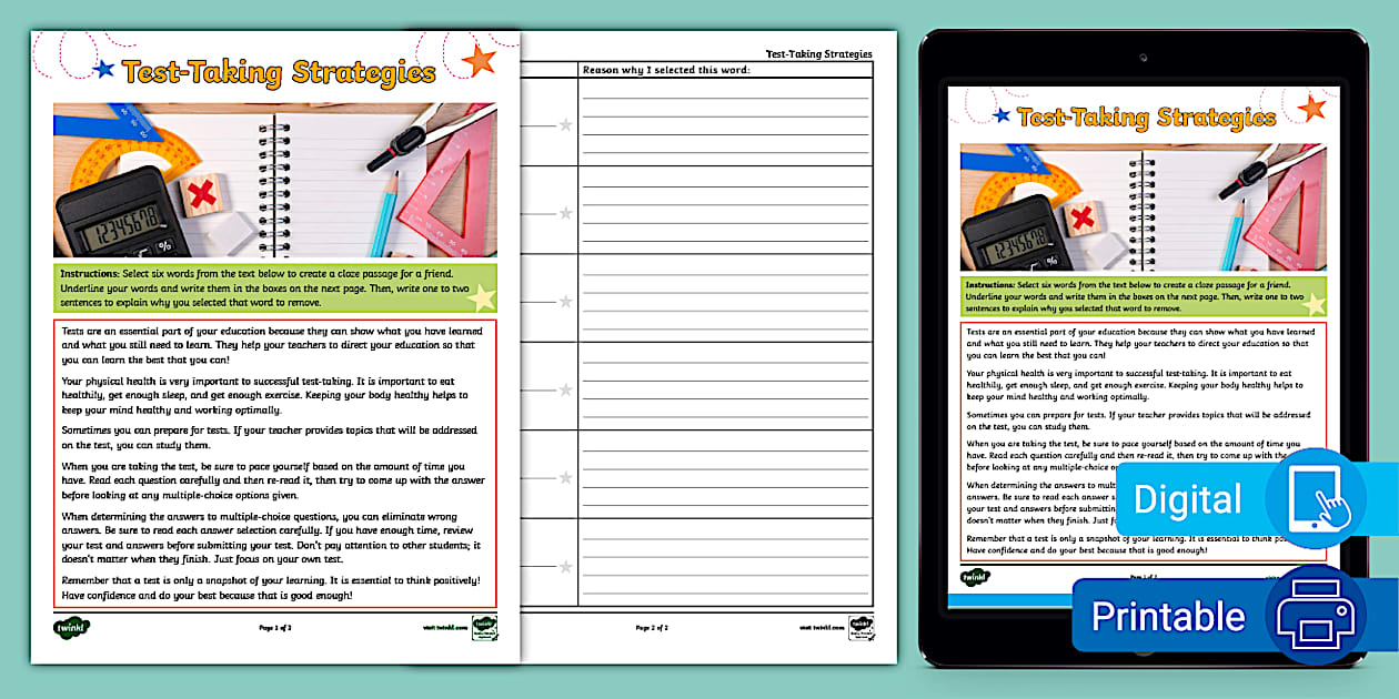 Fifth Grade Test-Taking Strategies Reverse Cloze Worksheet