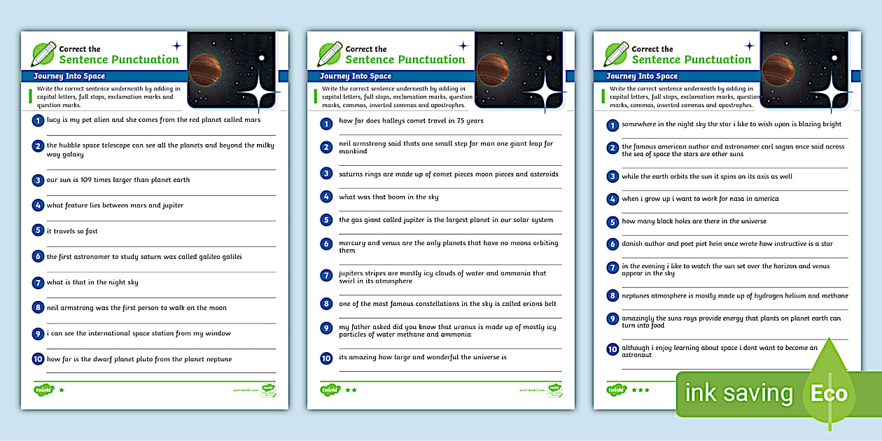 KS2 Correct the Sentence Punctuation: Journey Into Space