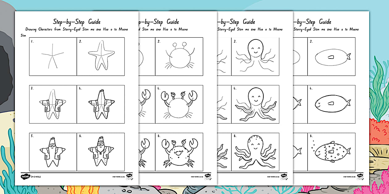 Starry-Eyed Stan me āna Hoa o te Moana Step-by-Step Drawing Instruction
