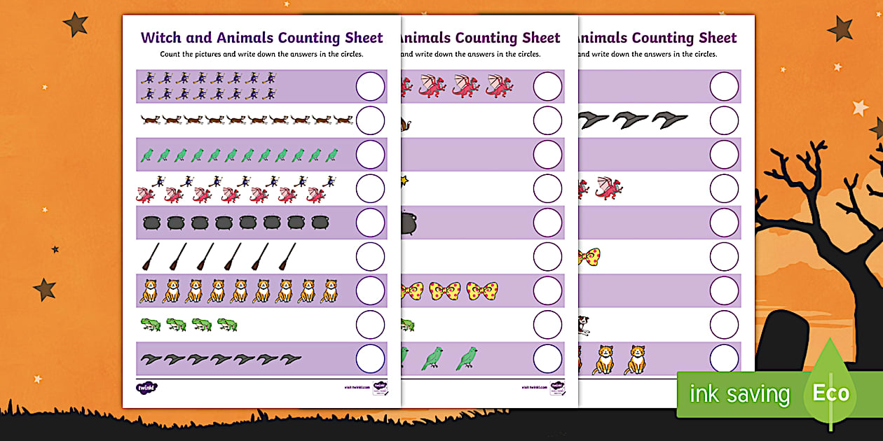 Witch and Animals Counting Sheet (teacher made) - Twinkl