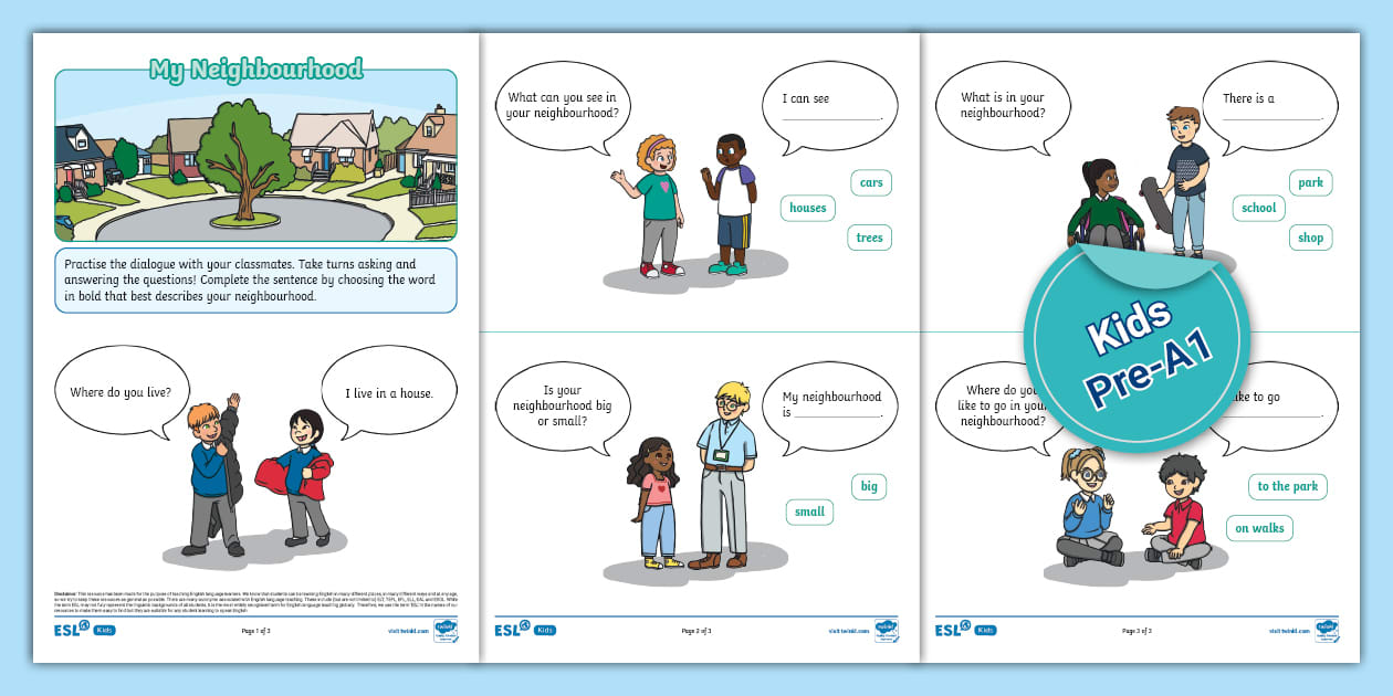 ESL My Neighbourhood Dialogue Activity Sheet for Kids