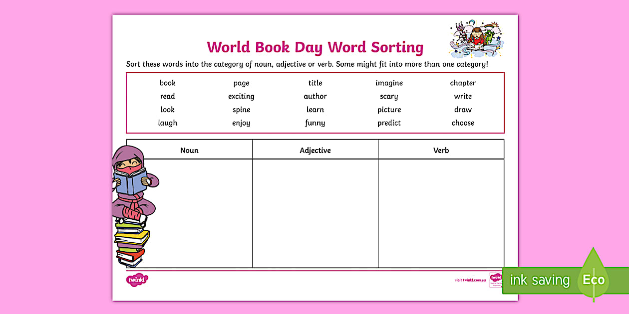 TAS World Book Day Word Sort Worksheet (teacher made)