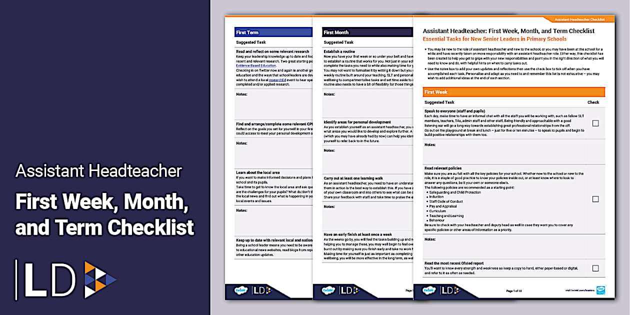 Assistant Headteacher First Week, Month, and Term Checklist