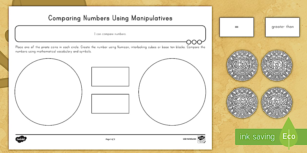 Compare Numbers Using Manipulatives Worksheet - Twinkl