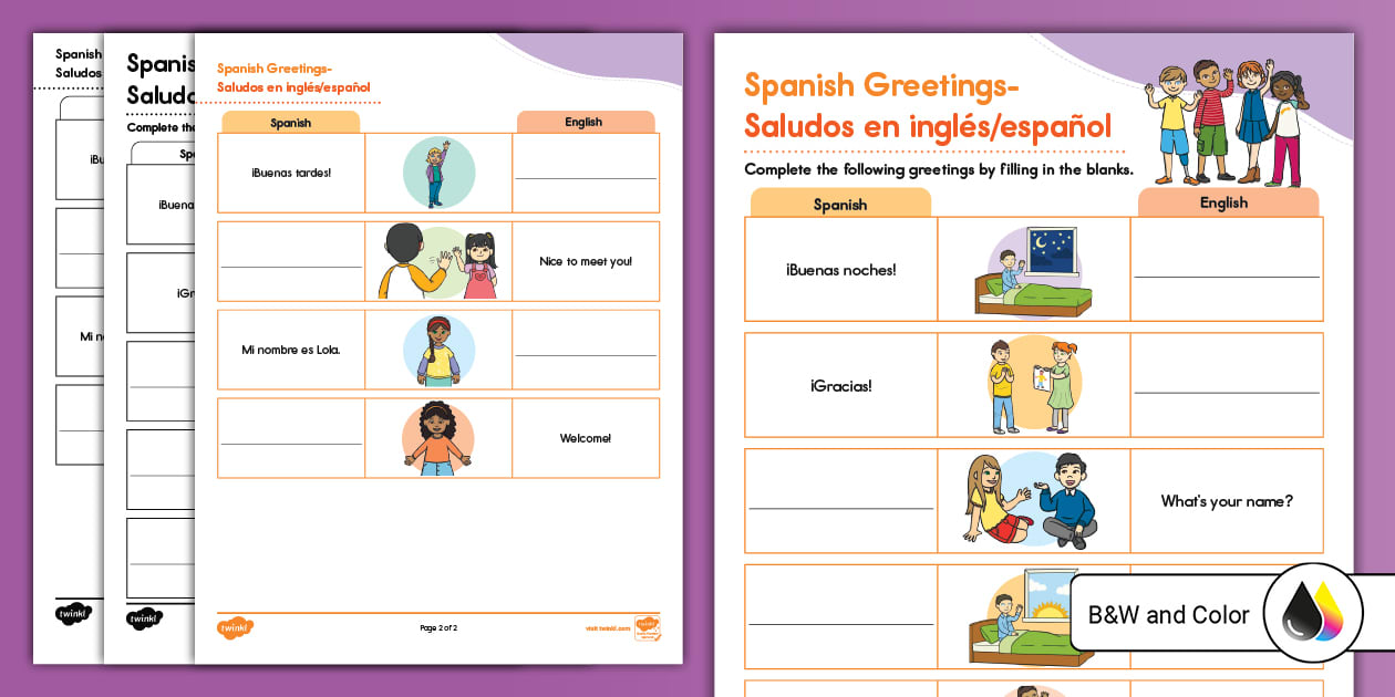 Spanish Greetings Worksheet - Actividad de saludos en inglés/español