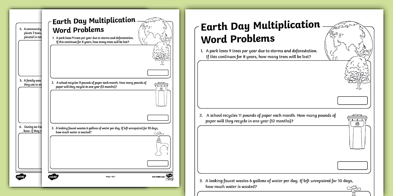 Earth Day Multiplication Word Problems for 3rd-5th Grade