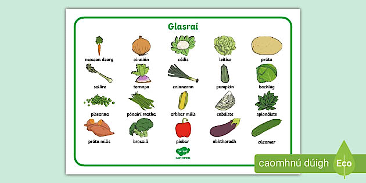 Vegetable Word Mat Gaeilge (teacher made) - Twinkl