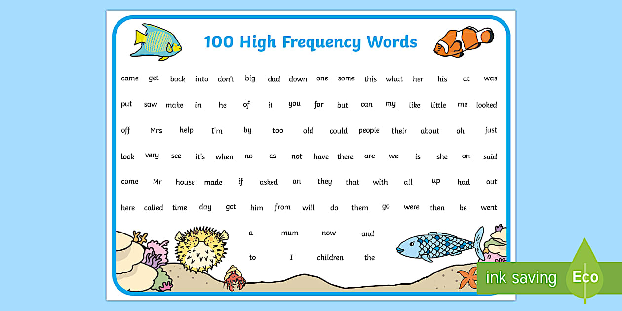 Fish Themed 100 High Frequency Words Word Mat