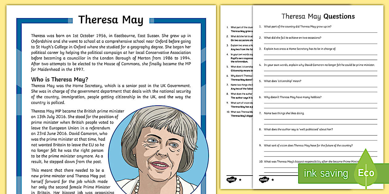 Theresa May Biography Differentiated Reading Comprehension Activity