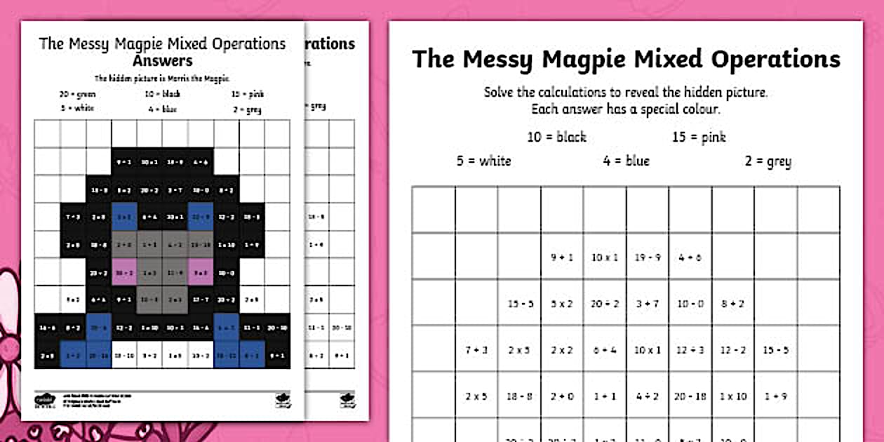 Editable KS1 The Messy Magpie Mixed Operation Maths Mosaic Worksheet