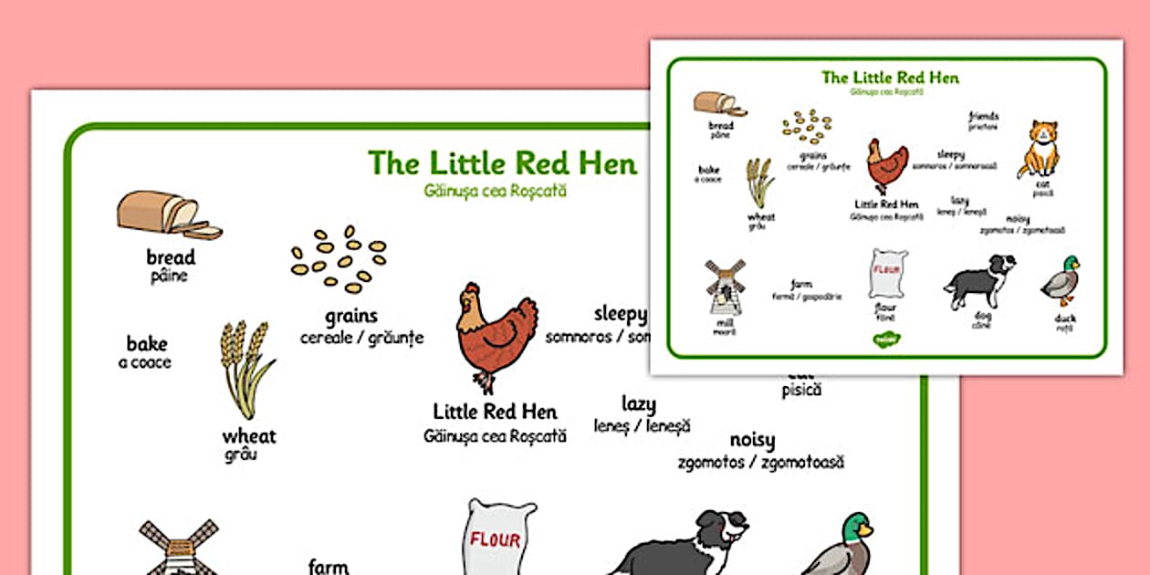 The Little Red Hen Word Mat Romanian Translation - Twinkl