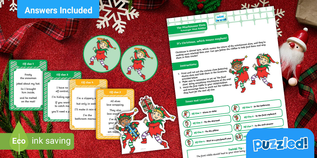 Elf Scavenger Hunt Riddles - The Mischievous Elf - Twinkl