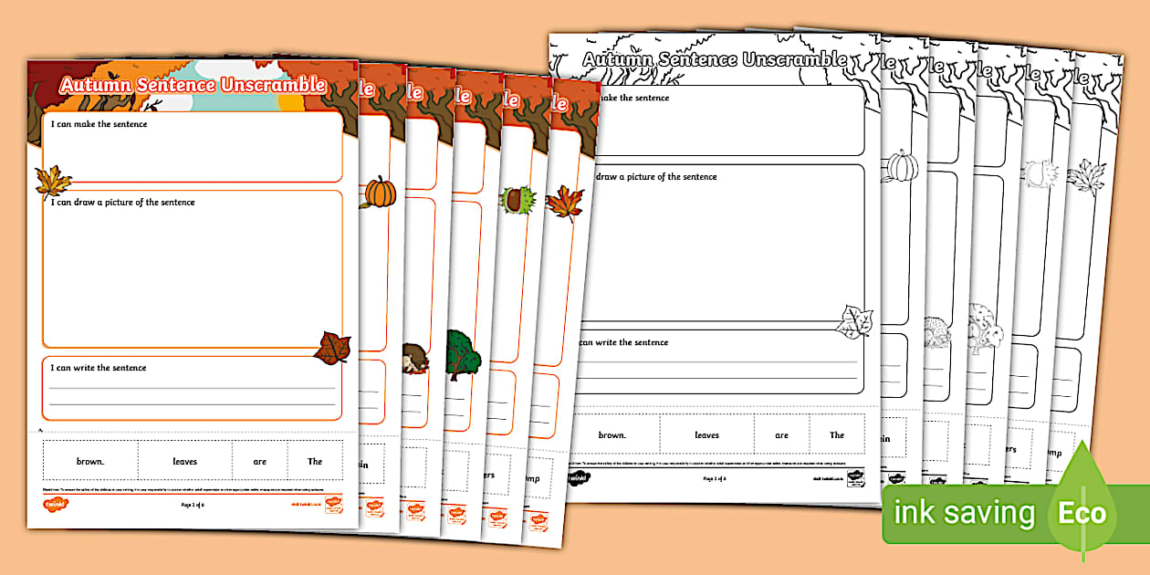 Autumn Themed Unscramble the Sentence Worksheet - Twinkl