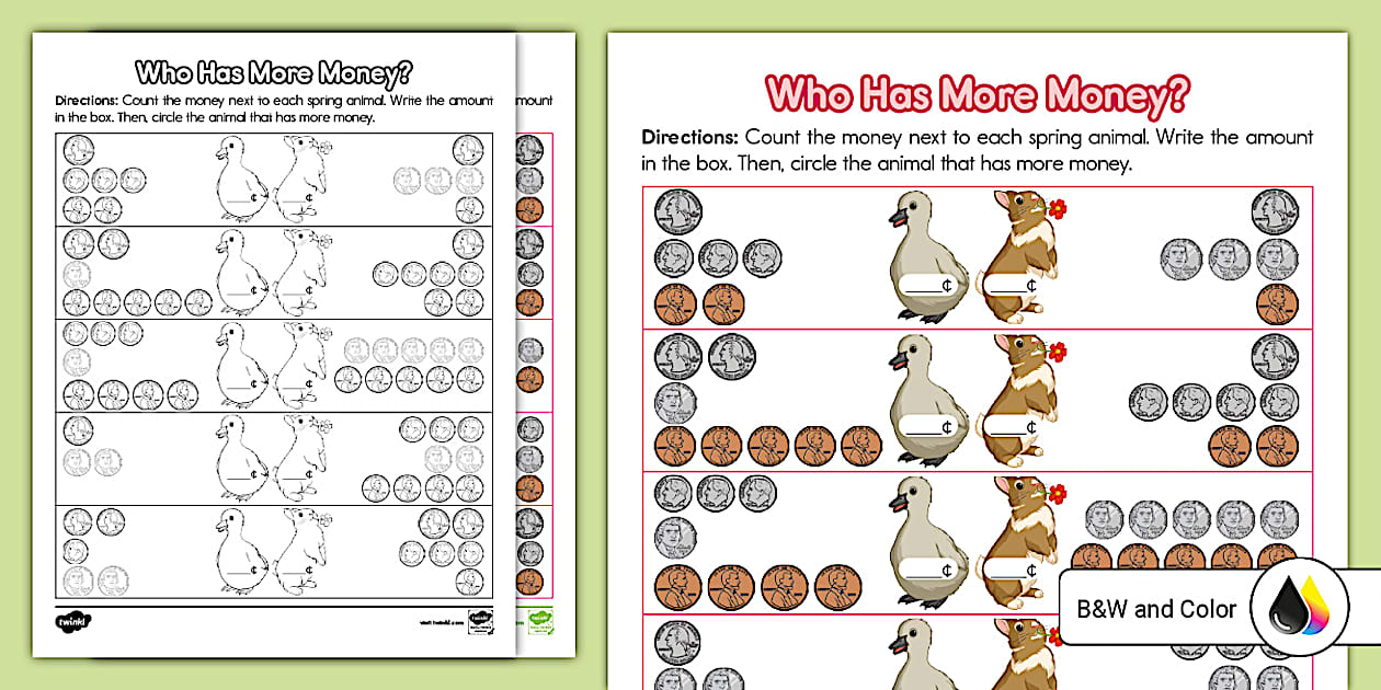 First Grade Spring Who Has More Money? Worksheet - Twinkl