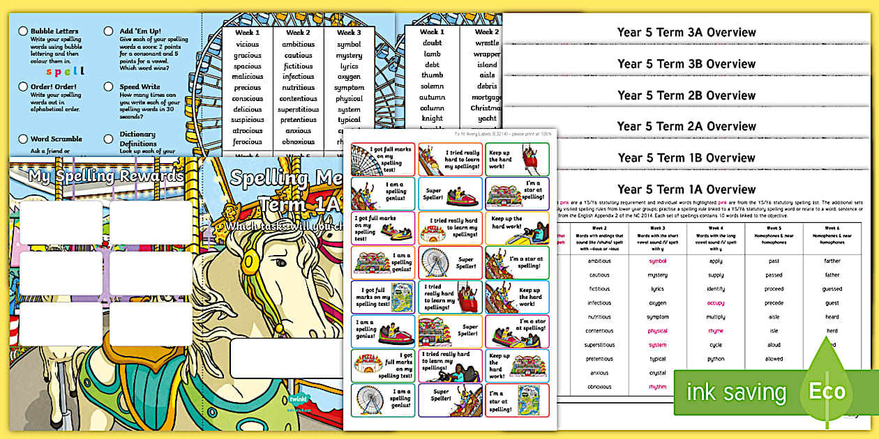 Editable Year 5 Theme Park Themed Spelling Menu Pack
