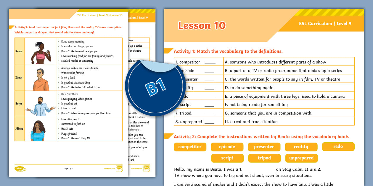 ESL Curriculum Level 9, Lesson 10 Activity Sheet on Twinkl
