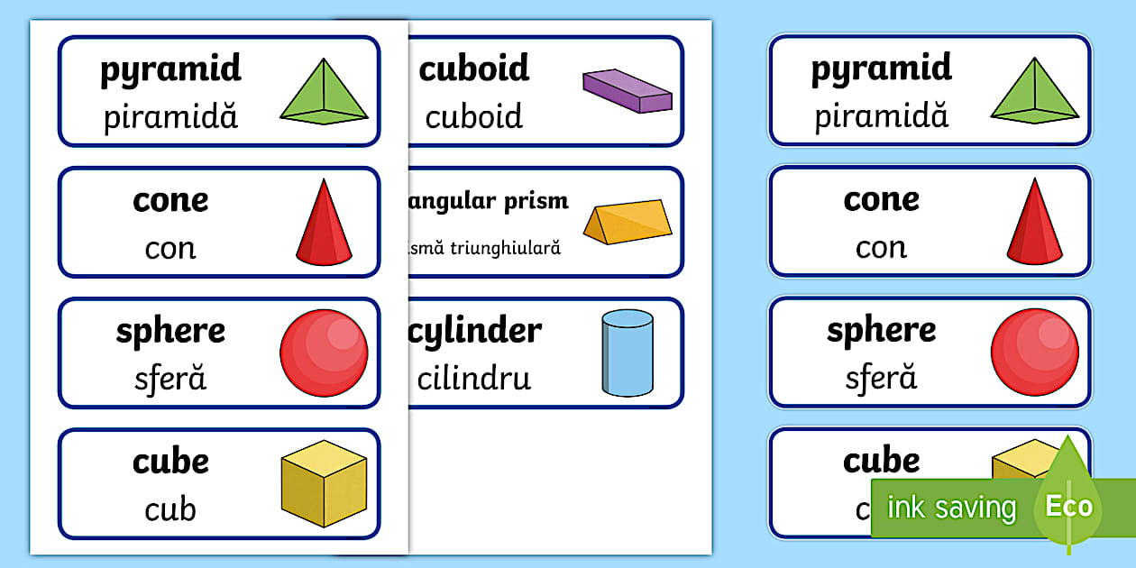3D Shape Word Cards Romanian/English - 3D Shape Word Cards
