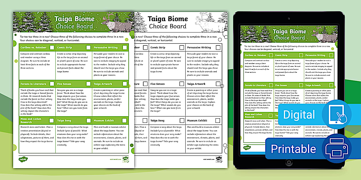 Taiga Biome Choice Board for 3rd-5th Grade - Twinkl