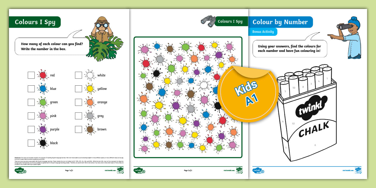 ESL Colours I Spy Game with Colour by Number Bonus Activity