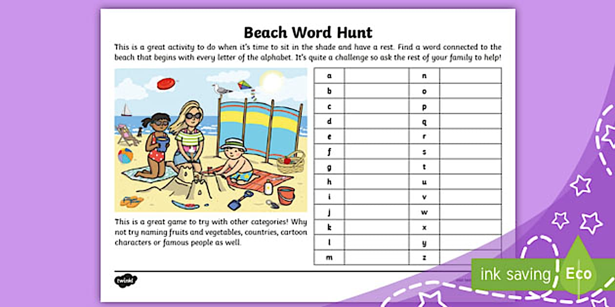Beach Word Hunt Worksheet (teacher made) - Twinkl