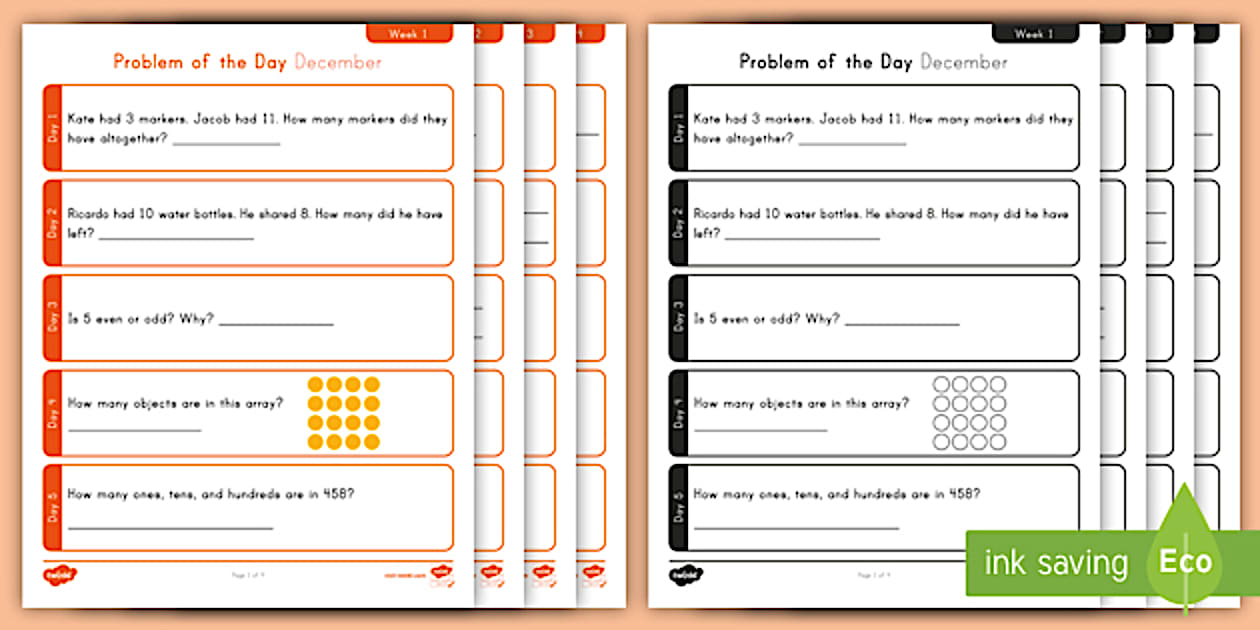 Second Grade Math Problem of the Day - December Worksheet