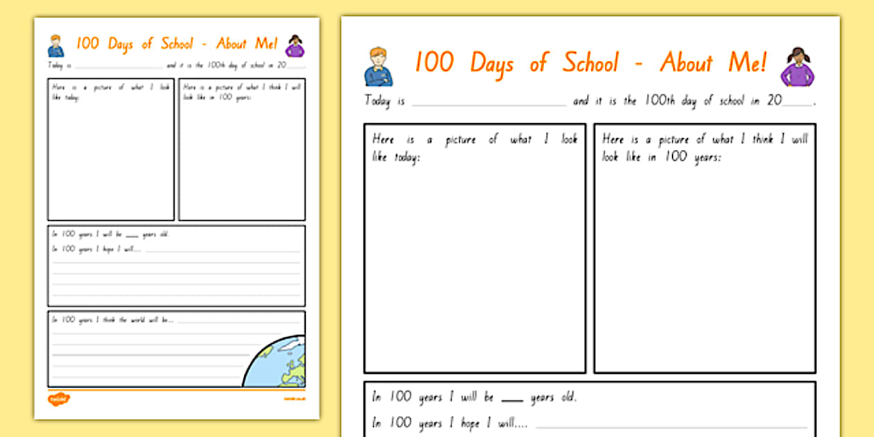 Black and White 100 Days of School About Me Worksheet
