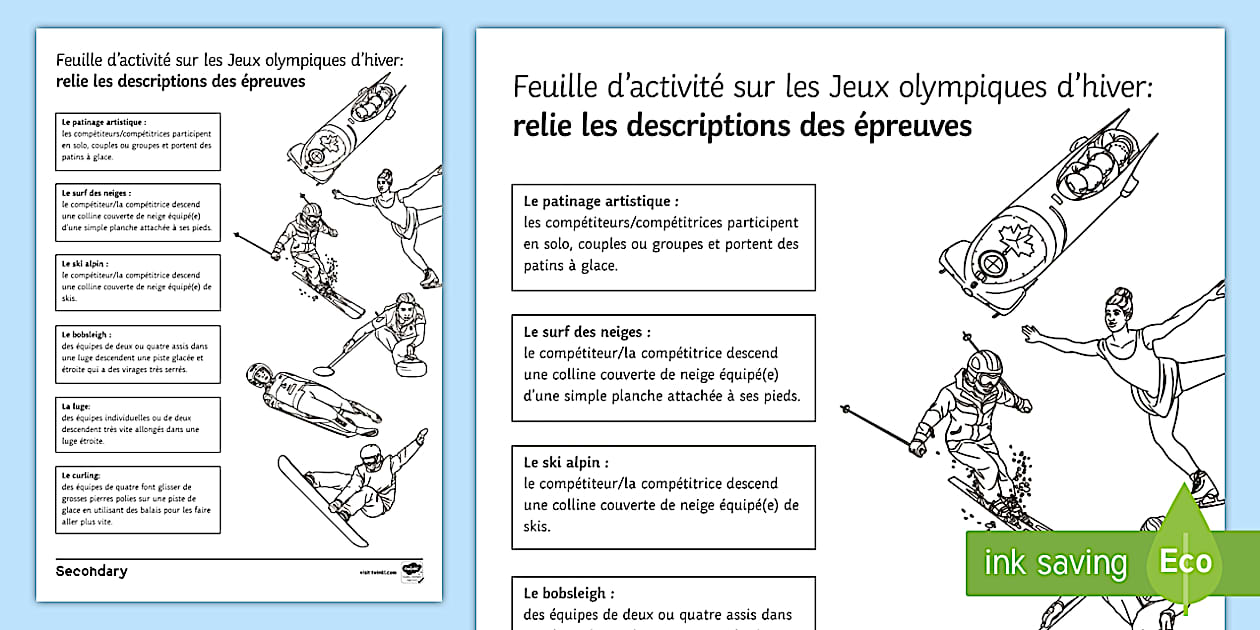 Winter Olympics Events Picture Matching Worksheet / Worksheet French