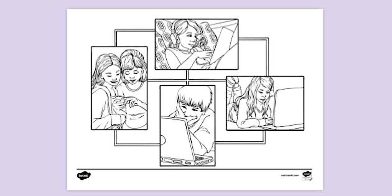 Children Communicate Over Computer & Tablet Colouring Sheet