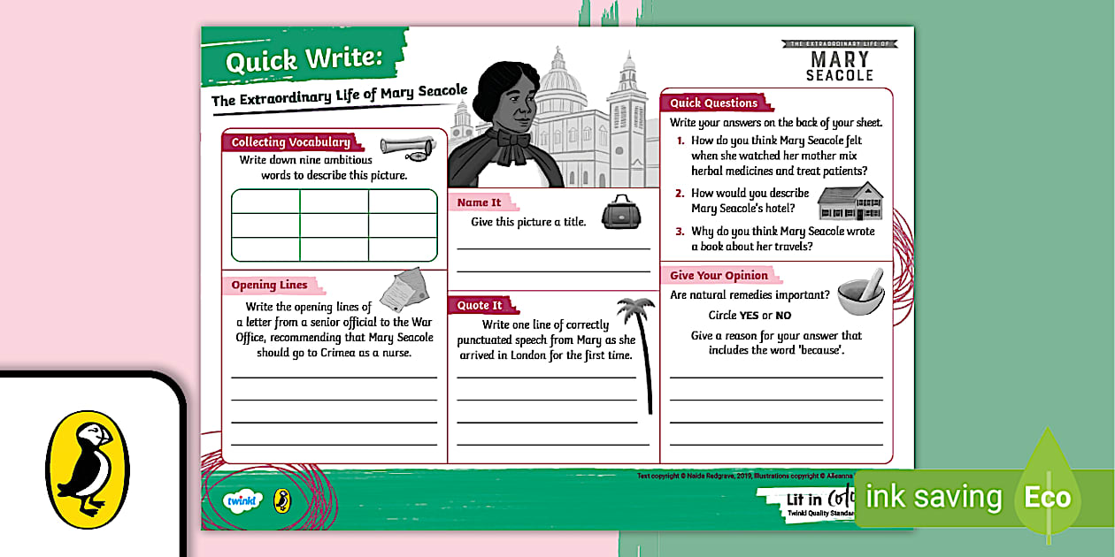 The Extraordinary Life of Mary Seacole: Quick Write Activity Mat
