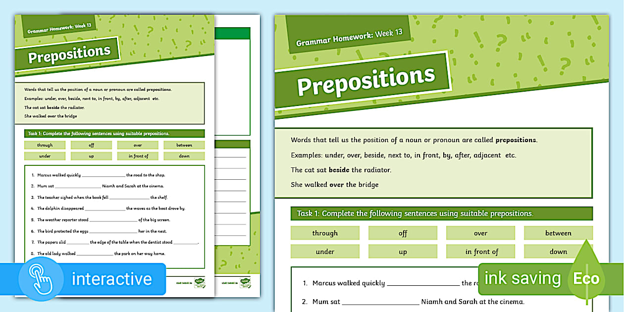 Grammar Homework Week 13 Prepositions 3rd/4th Class - Twinkl